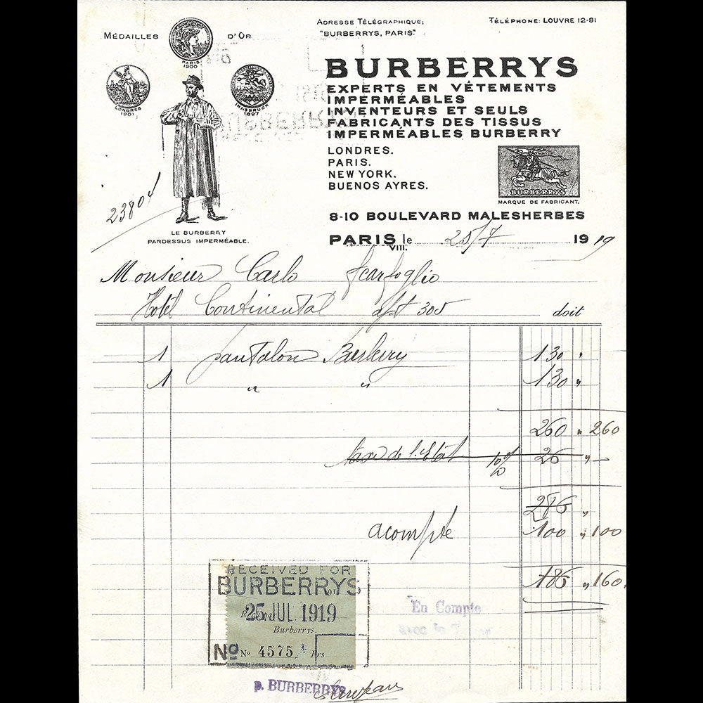 Burberrys - Facture de la maison spécialiste en imperméables, 8-10 bou