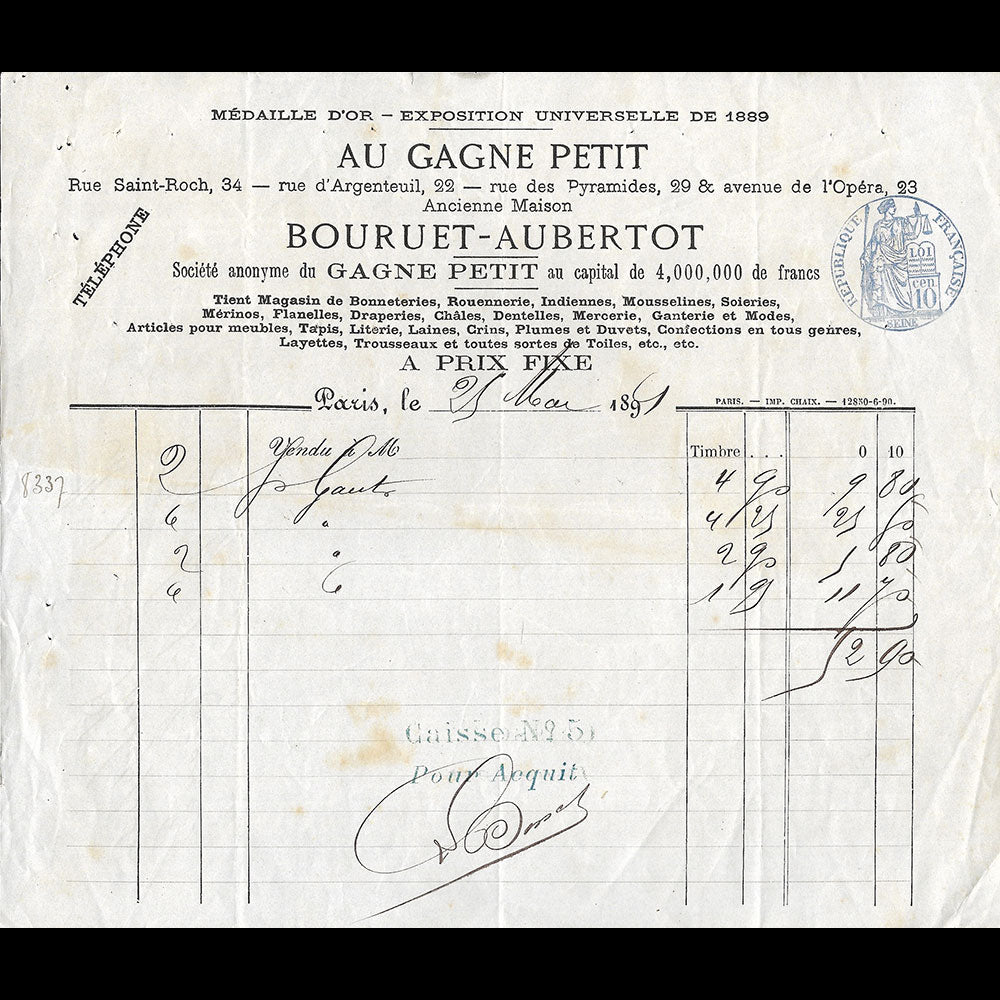 Bouruet-Aubertot - Facture du magasin de tissus Au Gagne Petit, 34 rue