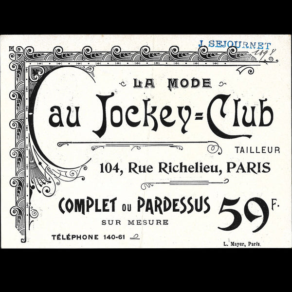 Au Jockey Club - Carte du tailleur 104 rue Richelieu à Paris (1898)