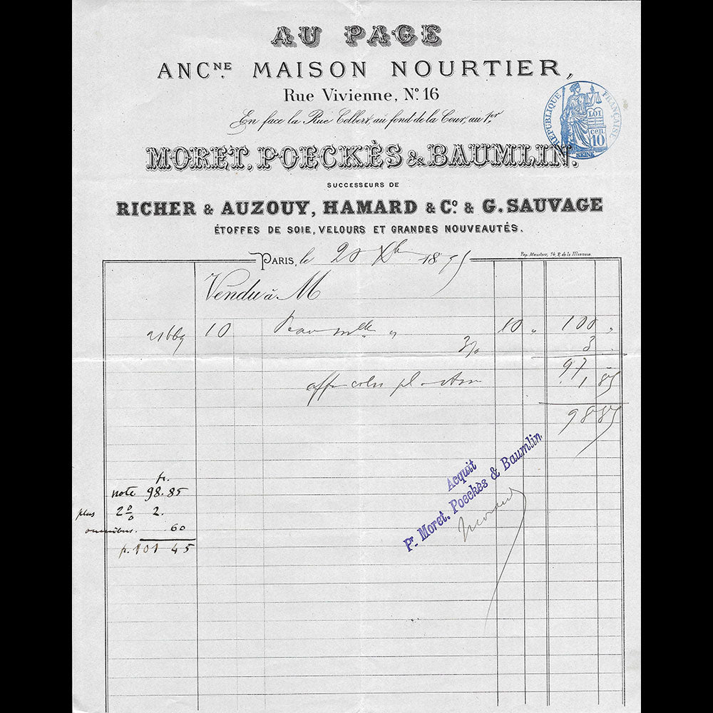 Au Page - Facture de la maison de tissus, 16 rue Vivienne à Paris (189