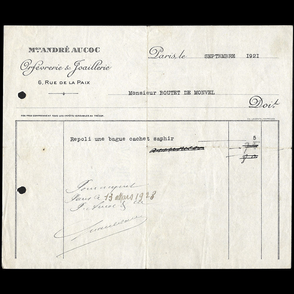 Aucoc - Facture de la maison d'orfévrerie et de Joaillerie, 6 rue de l