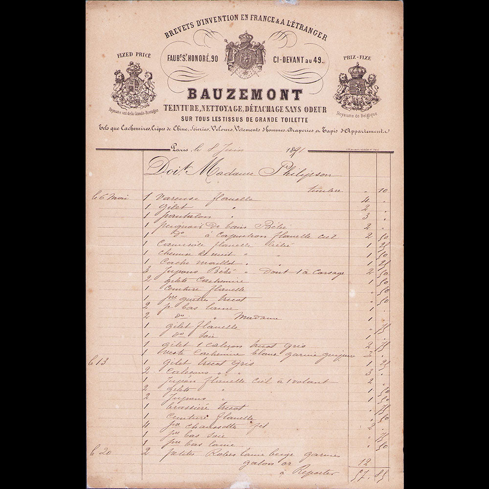 Bauzemont - Facture du teinturier, 90 Faubourg Saint-Honoré à Paris (1