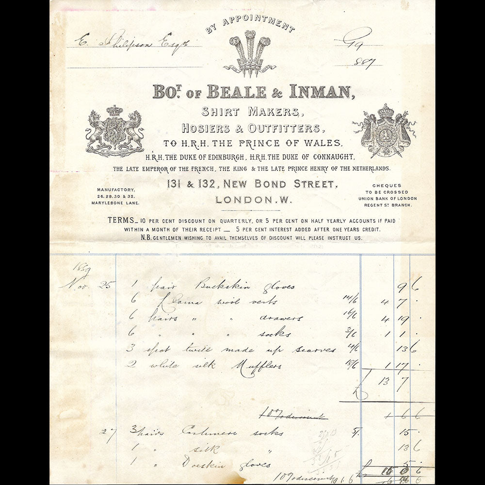 Beale & Inman - Facture du chemisier, 131 & 132 New Bond Street, Londo