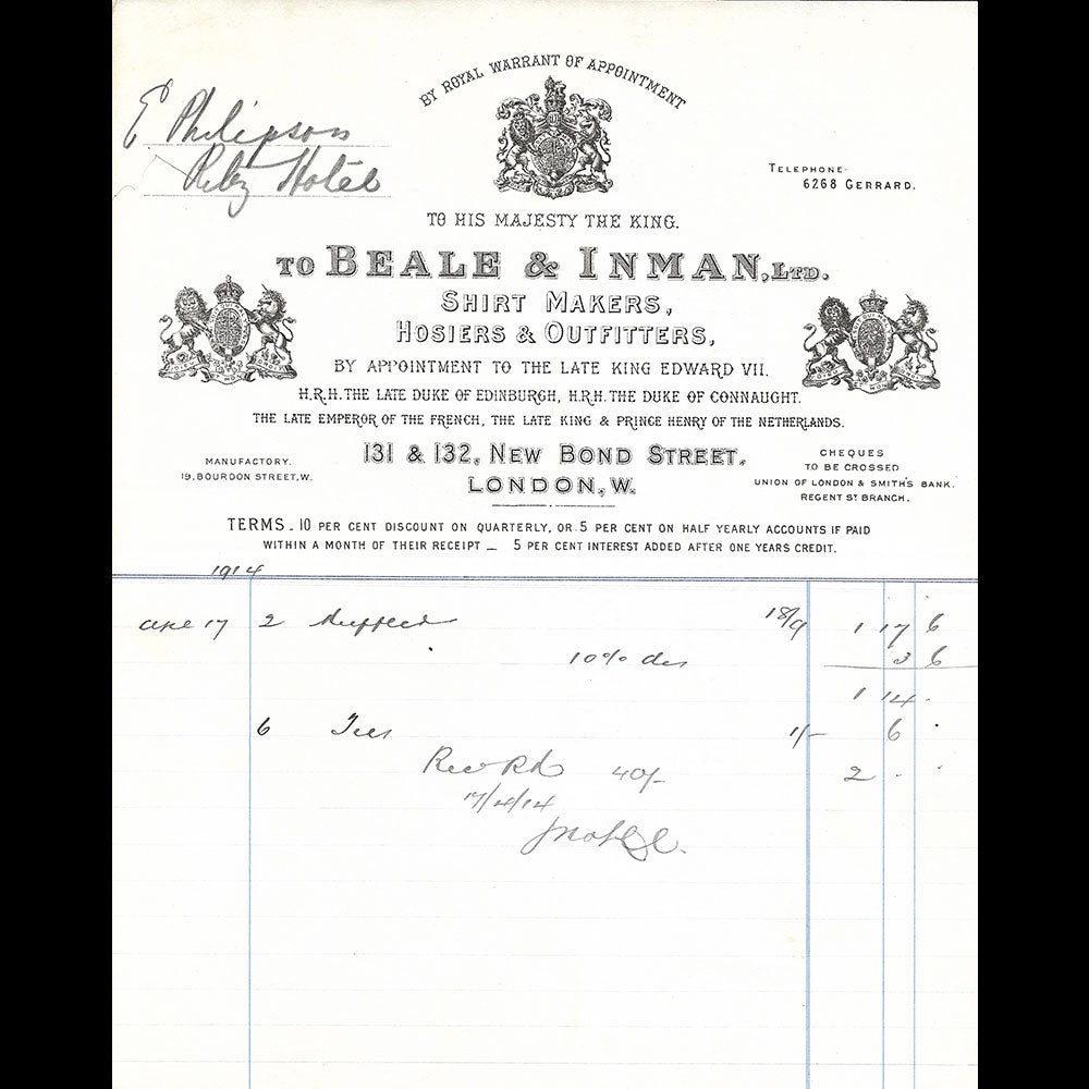 Beale & Inman - Facture du chemisier, 131 & 132 New Bond Street, Londo