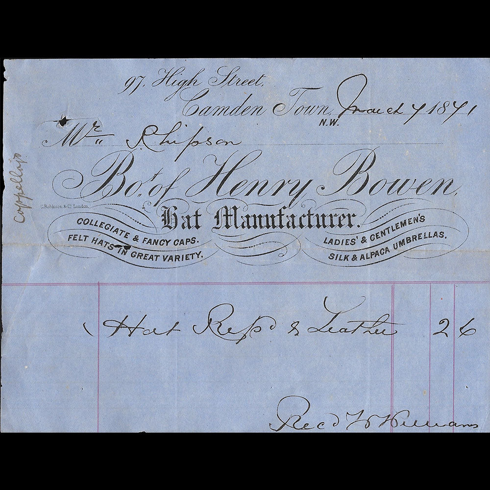 Henry Bowen - Facture de la maison de chapellerie, 97 High Street, Cam