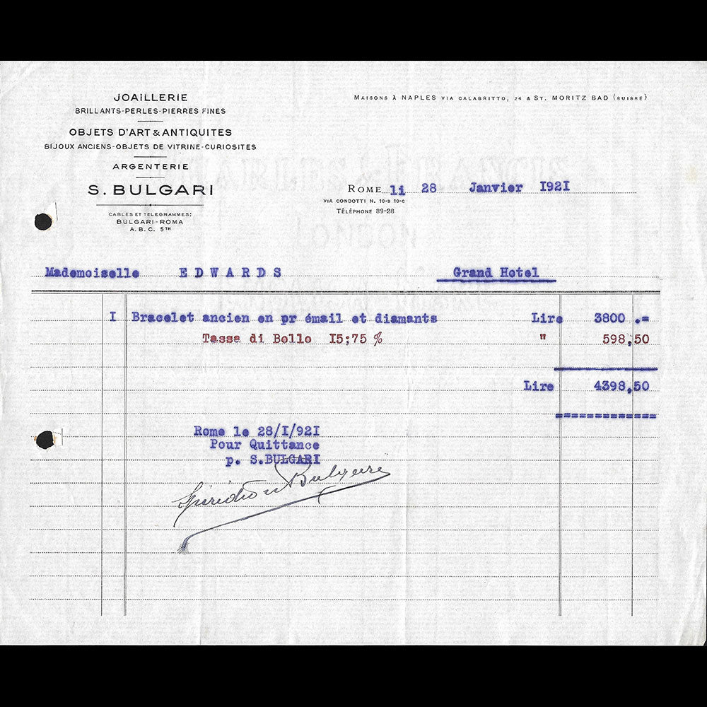 Bulgari - Facture de la maison de joaillerie, Via Condotti, Roma (1921