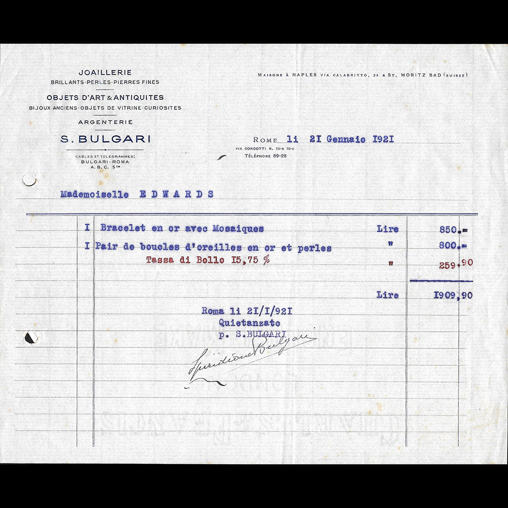 Bulgari - Facture de la maison de joaillerie, Via Condotti, Roma (1921