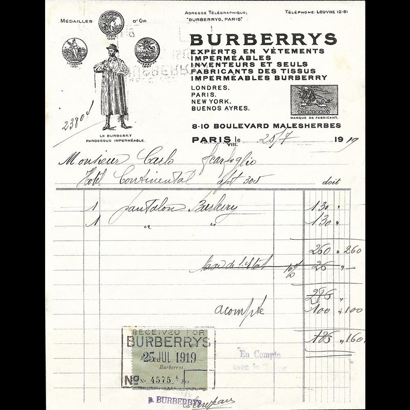 Burberrys - Facture de la maison spécialiste en imperméables, 8-10 bou