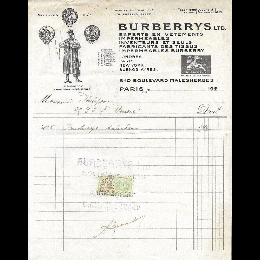 Burberrys - Facture de la maison spécialiste en imperméables, 8-10 bou