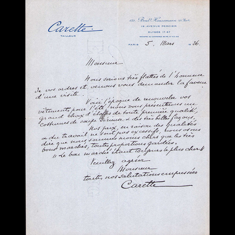 Carette - Invitation du tailleur, 121 boulevard Haussmann à Paris (192