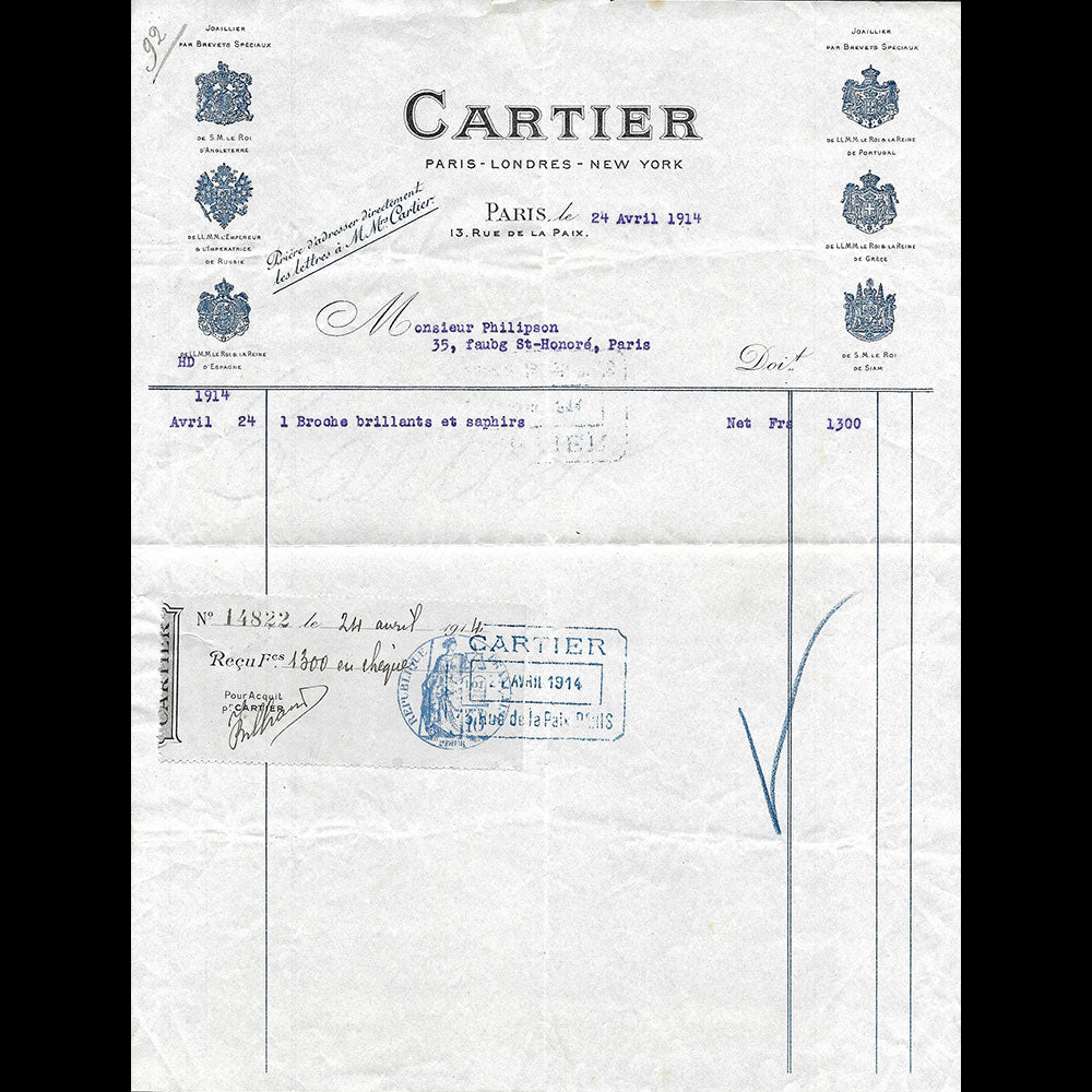 Cartier - Facture de la maison de joaillerie, 13 rue de la Paix à Pari