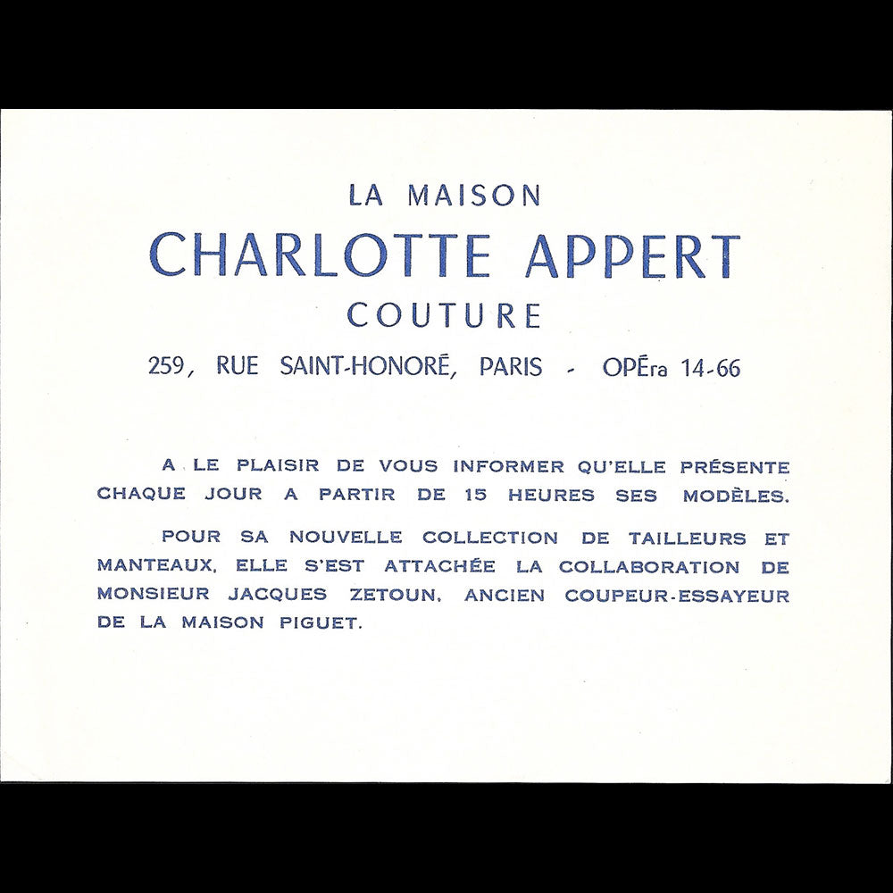 Charlotte Appert - Carte de la maison de couture, 259 rue Saint-Honoré