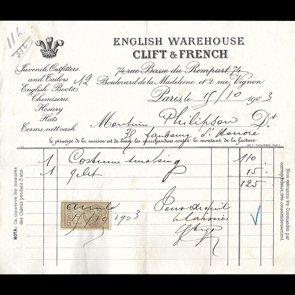 Clift & French - Facture de la maison rue Basse du Rempart à Paris (19