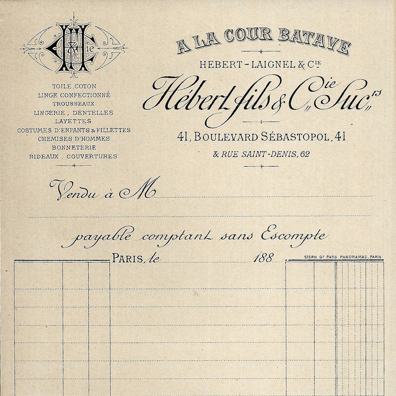 Hebert fils & Cie - Facture de la maison A la Cour Batave, 41 boulevar