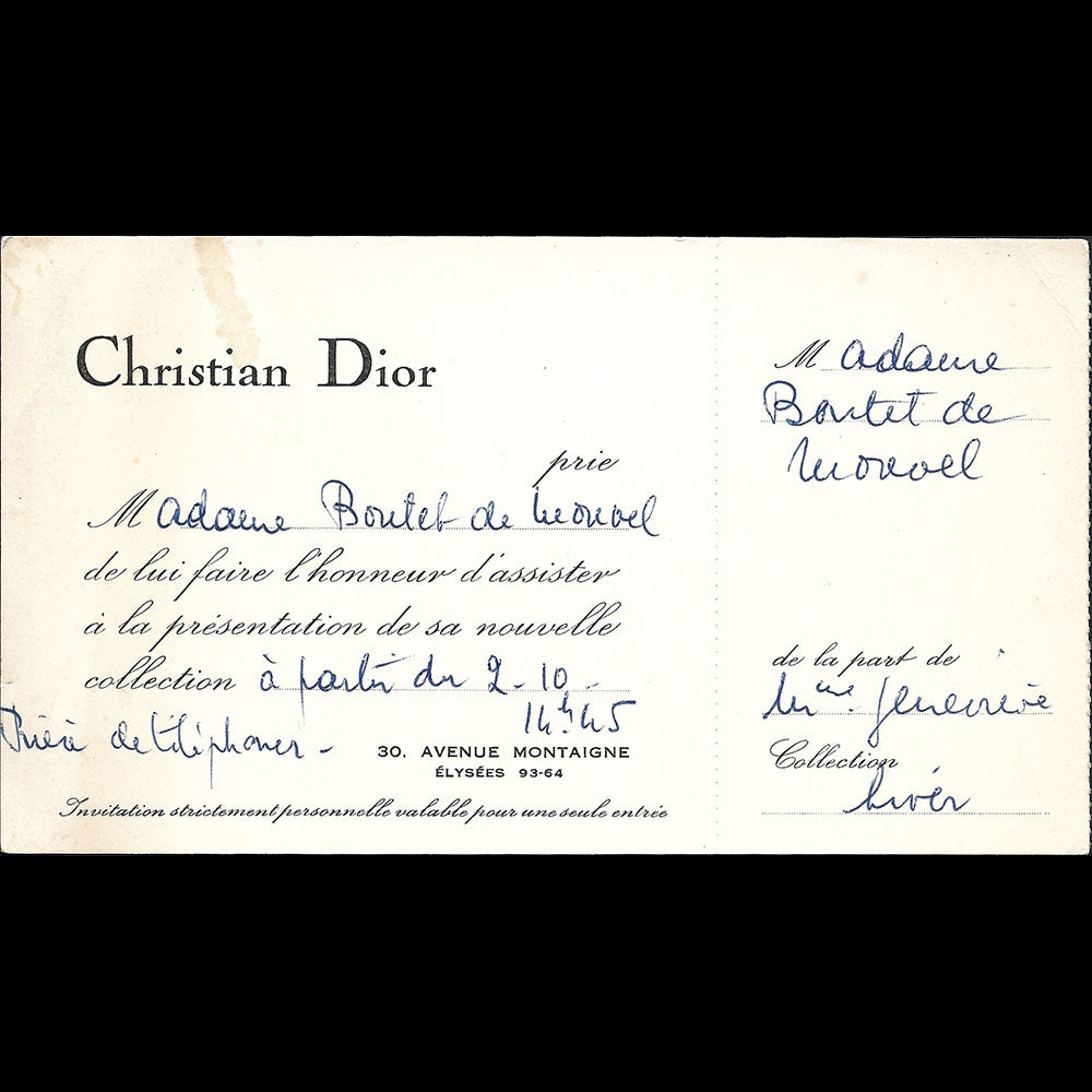 Christian Dior - Invitation from the fashion house, 30 avenue Montaign