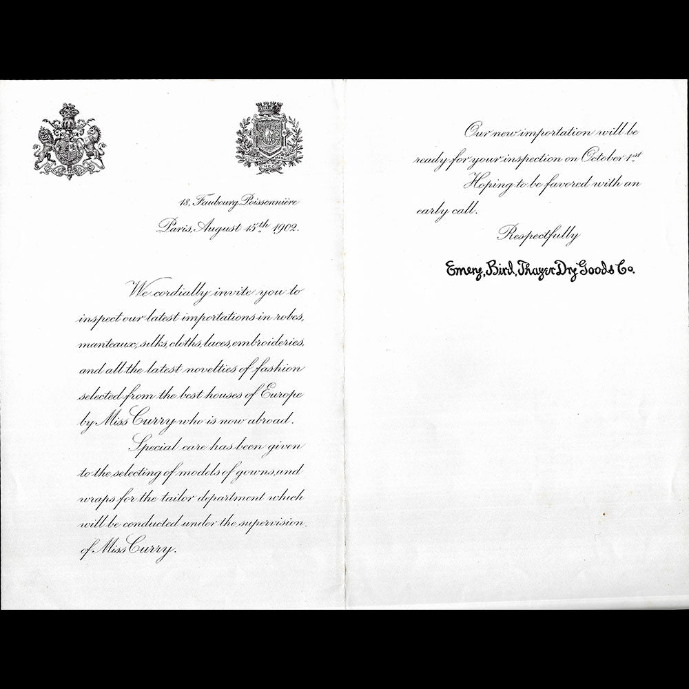 Emery, Bird, Thayer & Company - Lettre annonçant la sélection de modèl