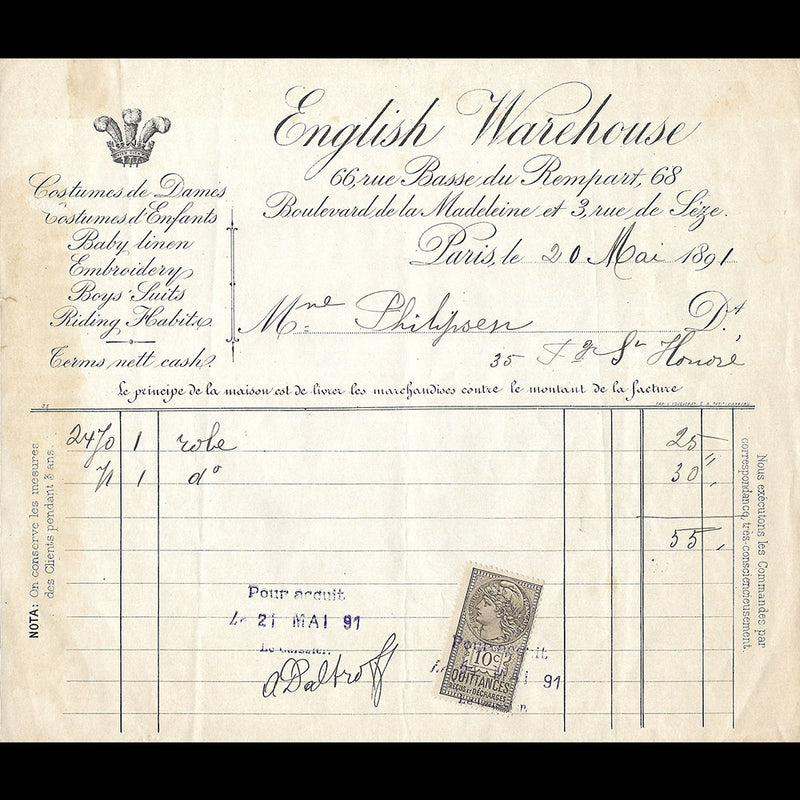 English Warehouse - Facture de la maison 66 rue Basse du Rempart à Par