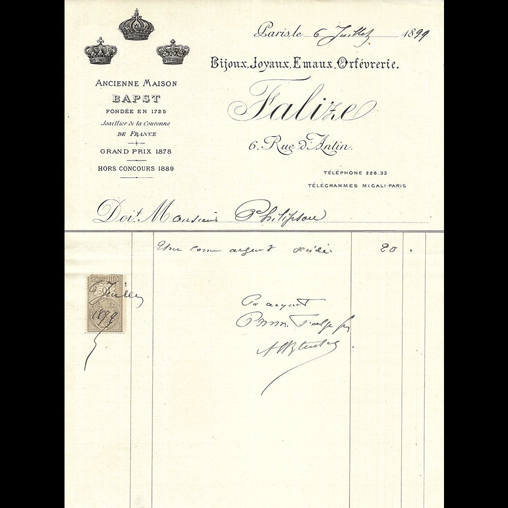 Falize - Facture de la maison de joaillerie, 6 rue d'Antin à Paris (18