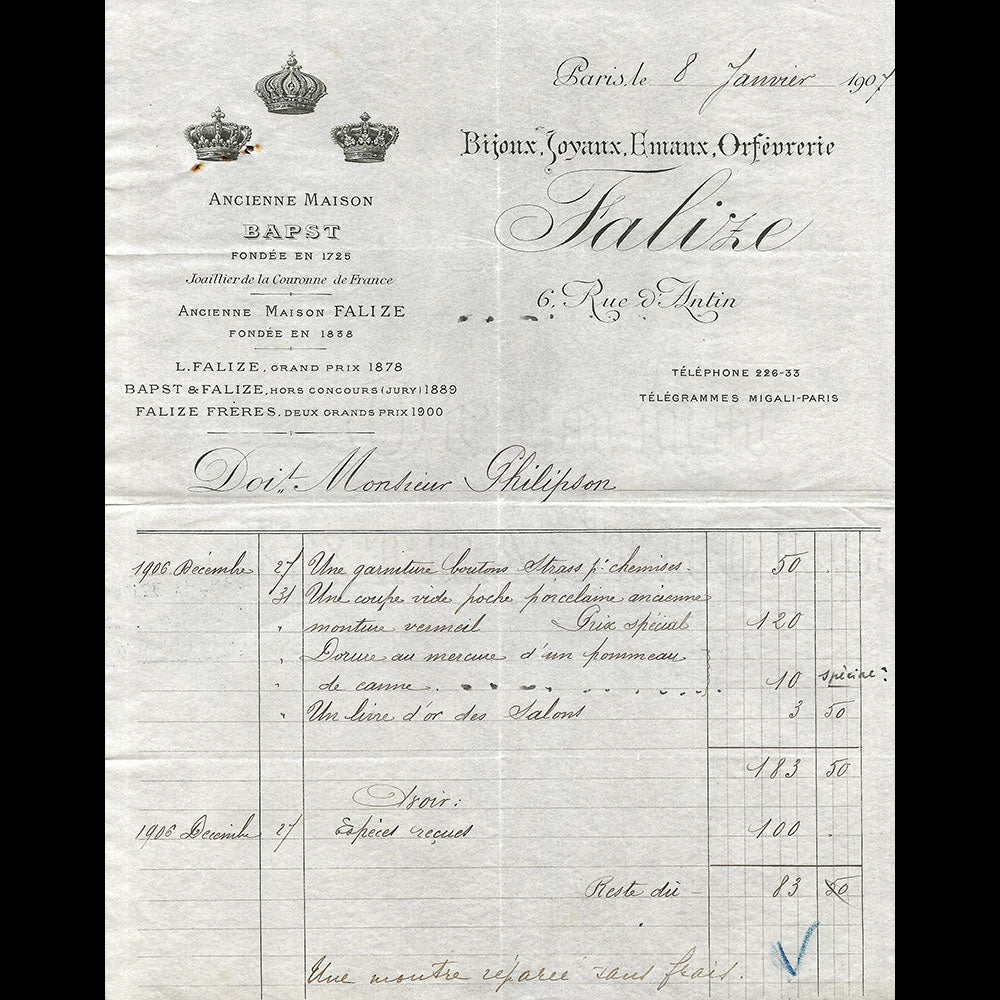 Falize - Facture de la maison de joaillerie, 6 rue d'Antin à Paris (19