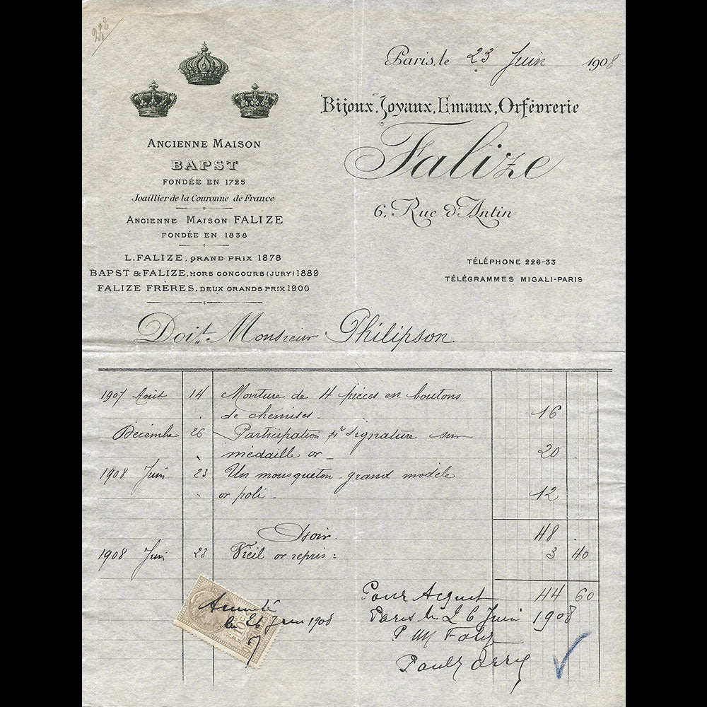 Falize - Facture de la maison de joaillerie, 6 rue d'Antin à Paris (19