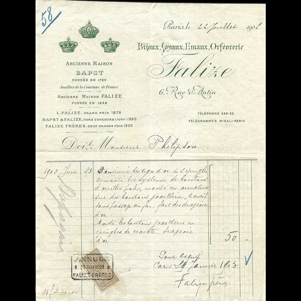Falize - Facture de la maison de joaillerie, 6 rue d'Antin à Paris (19