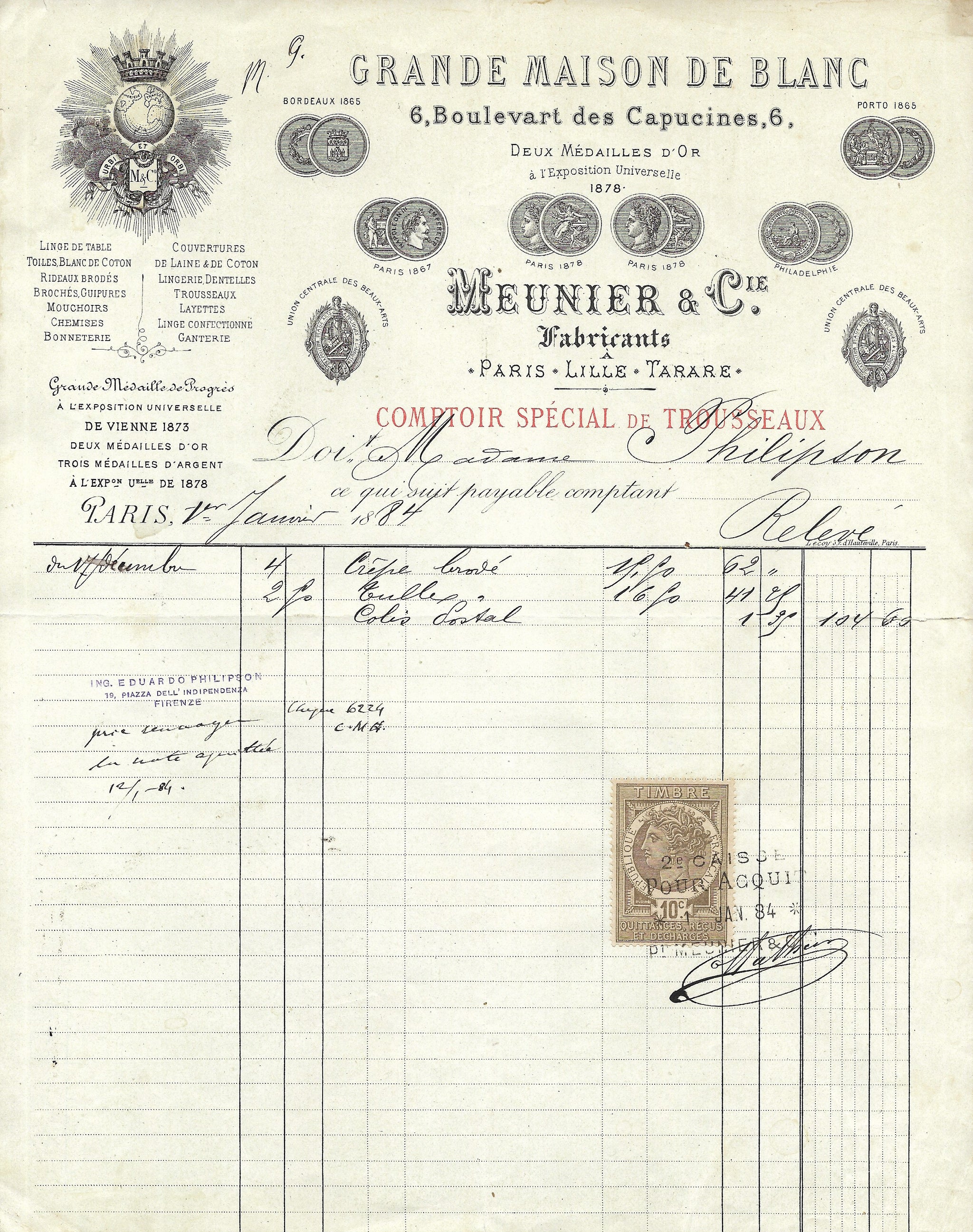 Grande Maison de Blanc - Facture du magasin, 6 boulevard des Capucines