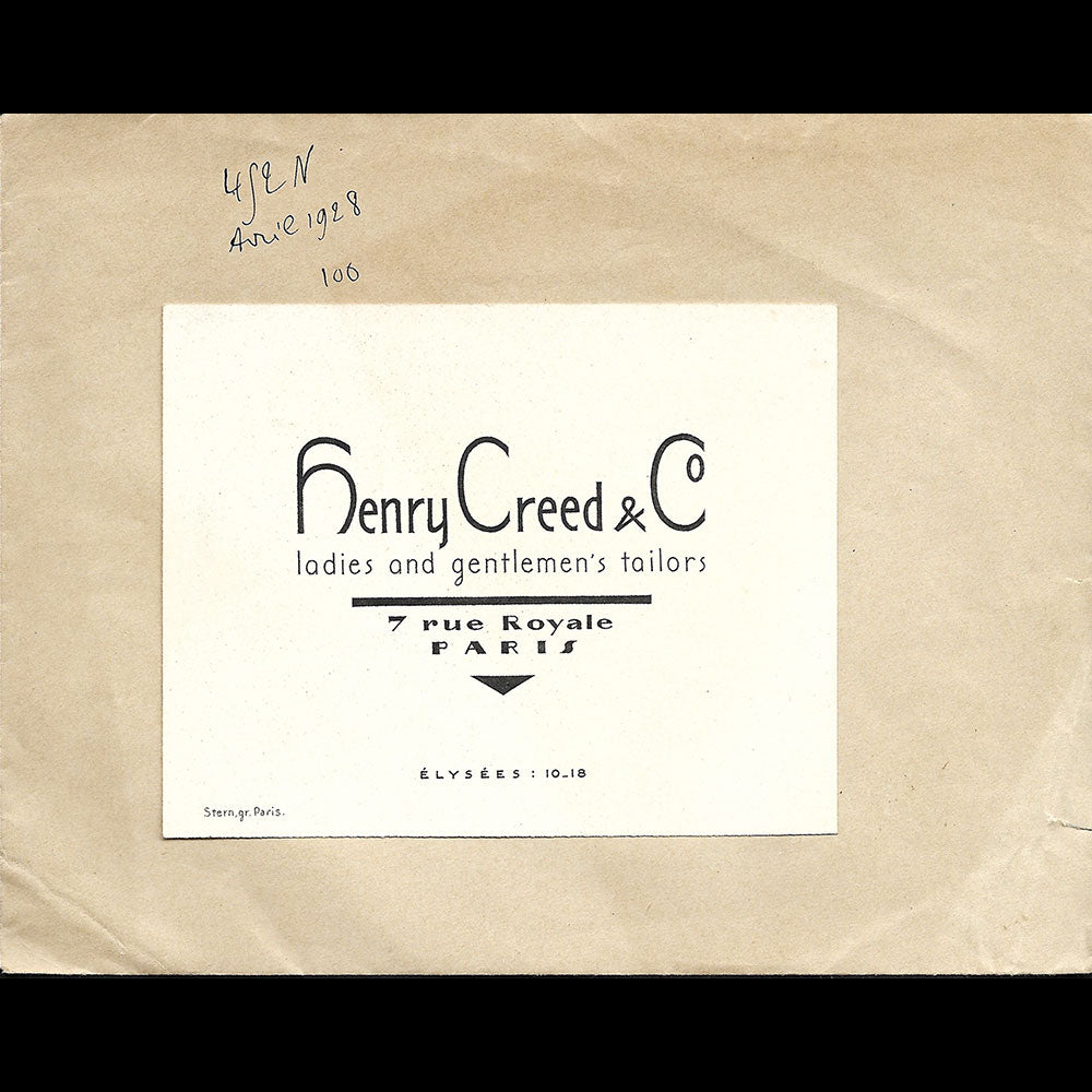 Henry Creed & Co - Carte de visite, 7 rue Royale à Paris (1928)