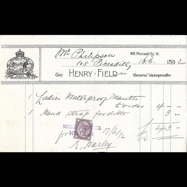 Henry Field - Facture de la maison d'imperméables, 68 Piccadilly, Lond