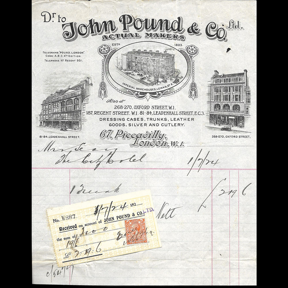 John Pound & Co - Facture de la maison de bagages, 67 Piccadilly Londo
