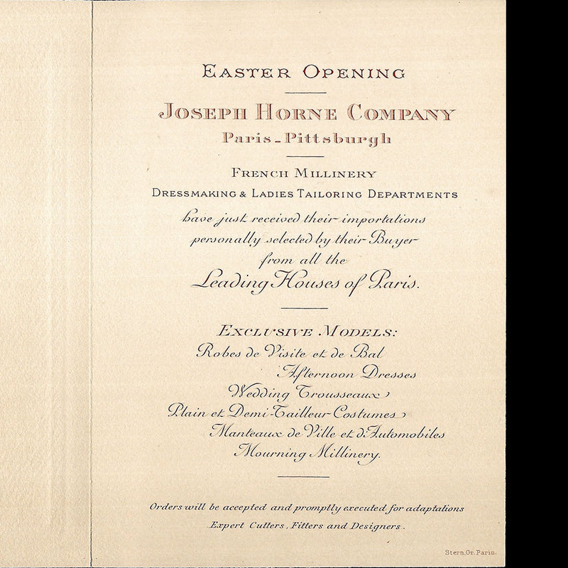Joseph Horne Company - Invitation annonçant la sélection de modèles de