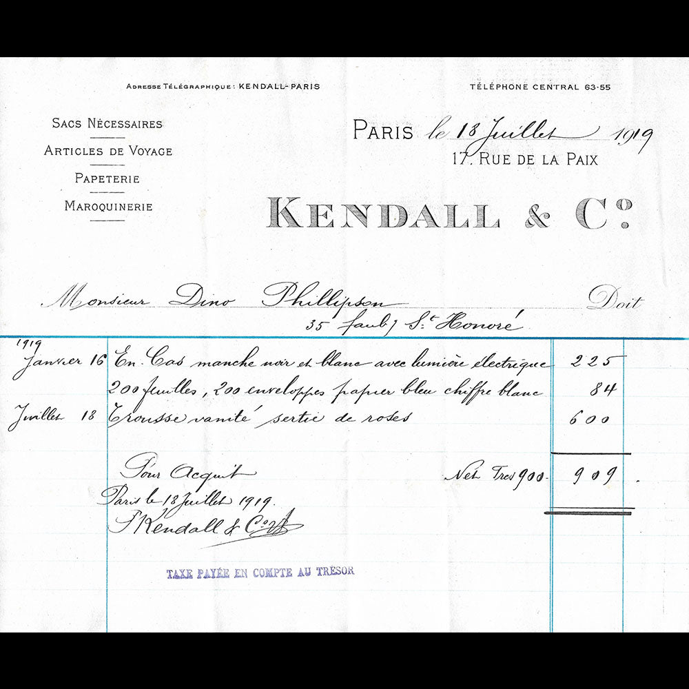 Kendall - Facture de la maison de maroquinerie et de voyage, 17 rue de