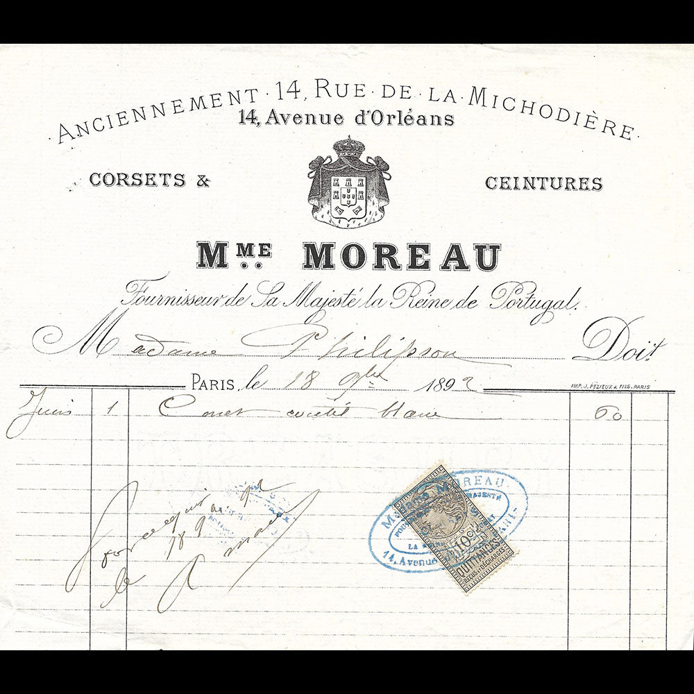 Mme Moreau - Facture de la maison de corsets, 14 avenue d'Orléans à Pa