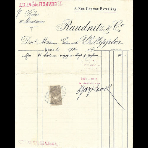 Raudnitz & Co - Facture de la maison de couture, 13 rue de la Grange B