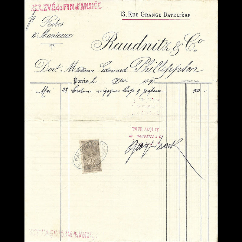 Raudnitz & Co - Facture de la maison de couture, 13 rue de la Grange B