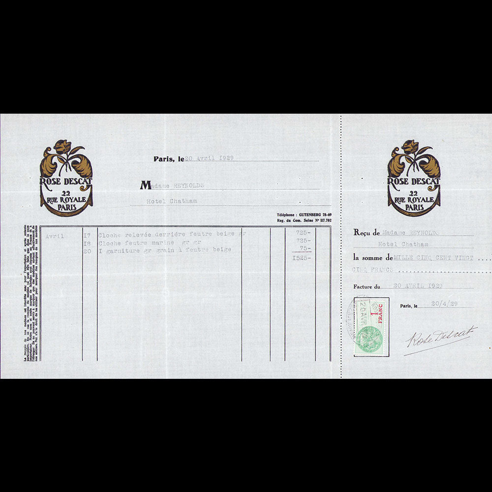 Facture de la maison de modes Rose Descat, 22 rue Royale à Paris (1929