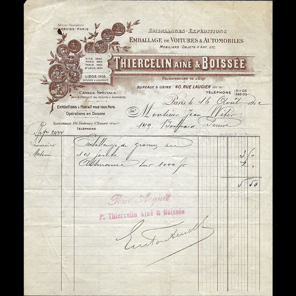 Thiercelin Ainé et Boissée - Facture de l'emballeur expéditeur, 40 rue