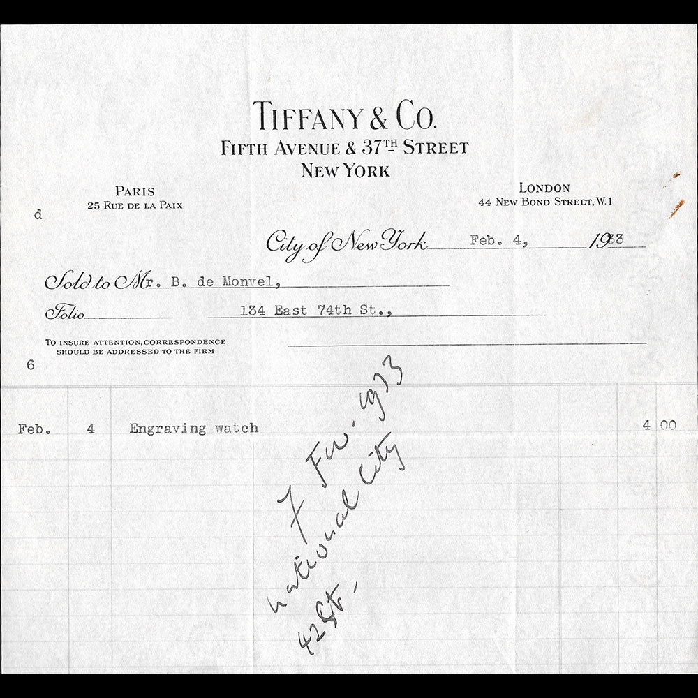 Tiffany & co - Facture de la maison, Fifth Avenue & 37th Street New Yo