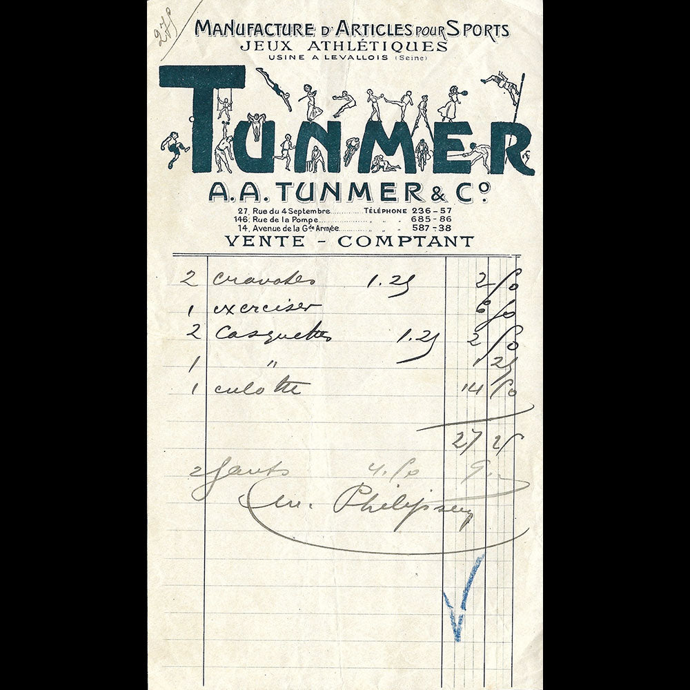 Tunmer - Facture de la manufacture d'articles pour sport (1910s)