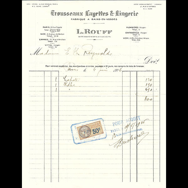 L. Rouff - Facture de la maison de trousseaux, layettes et lingeries,