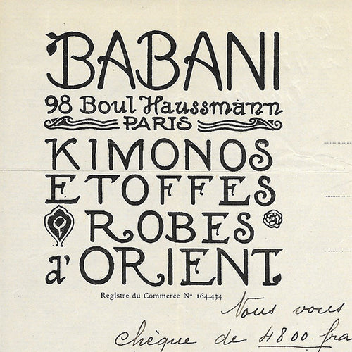Babani - Facture de la maison Babani, 98 boulevard Haussmann à Paris