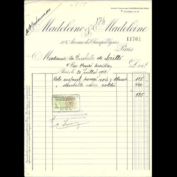 Facture de la maison de couture Madeleine & Madeleine, 104 avenue des