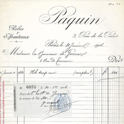Facture de la maison Paquin, 3 rue de la Paix (1907)