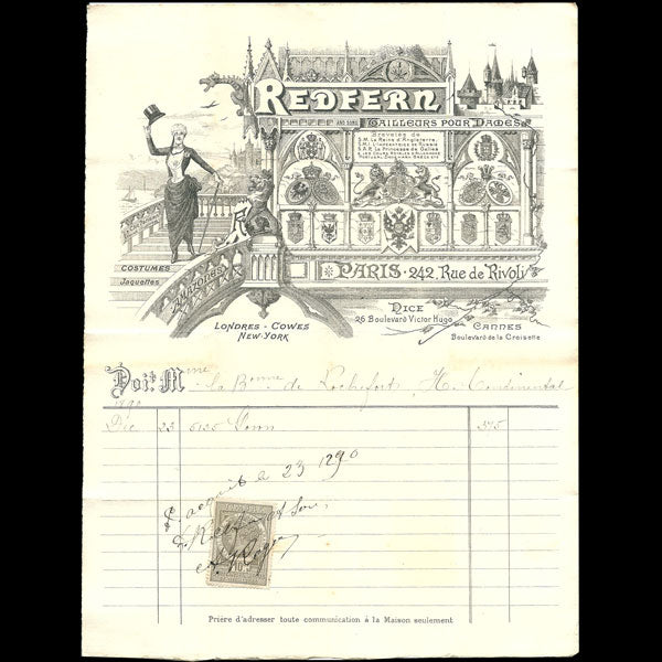Facture de Redfern and sons, tailleur pour dames, 242, rue de Rivoli à