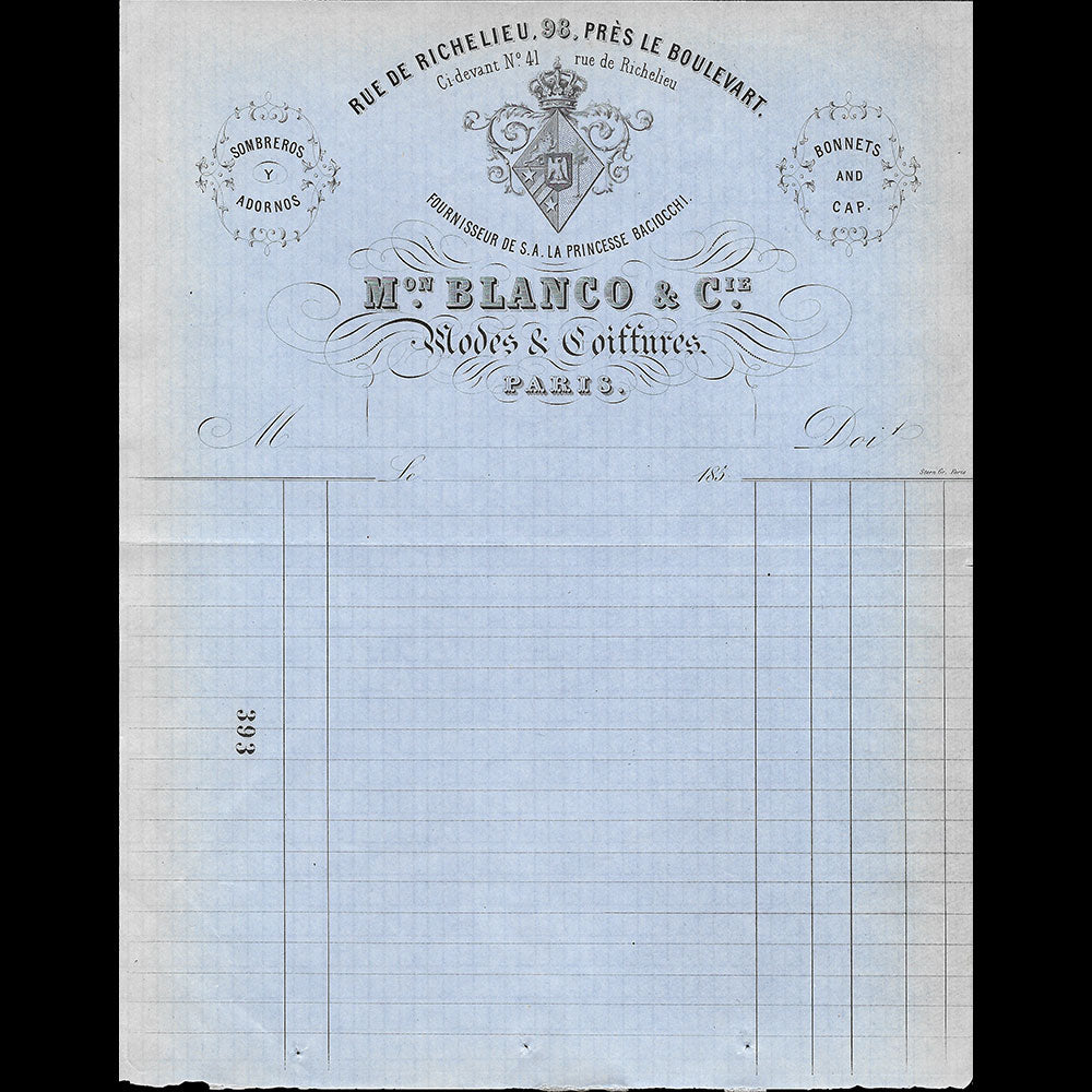 Blanco & Cie - Facture de la maison de modes et coiffures, 98 rue de R