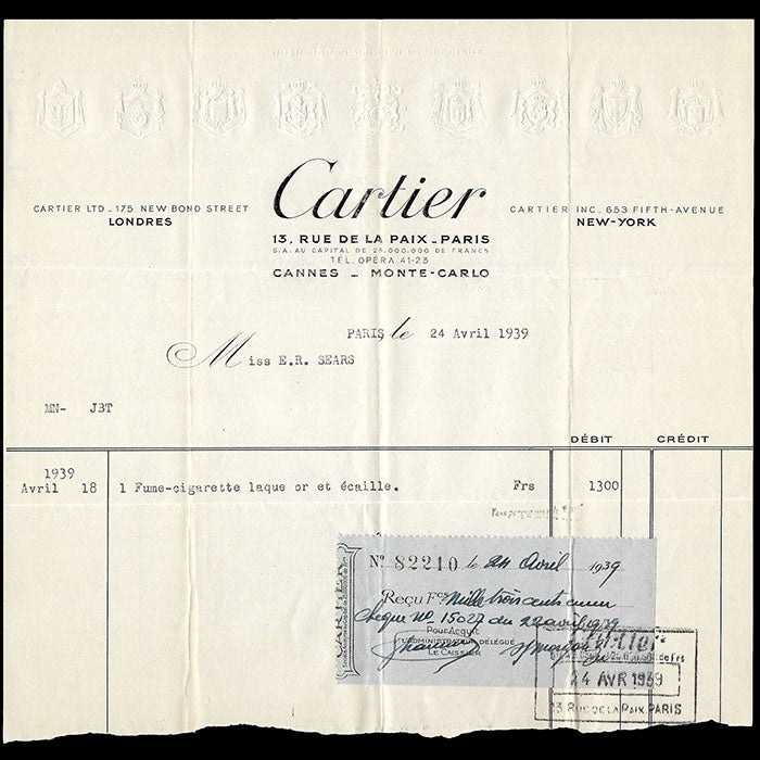 Cartier - Facture de la maison de joaillerie, bijouterie, orfèvrerie,