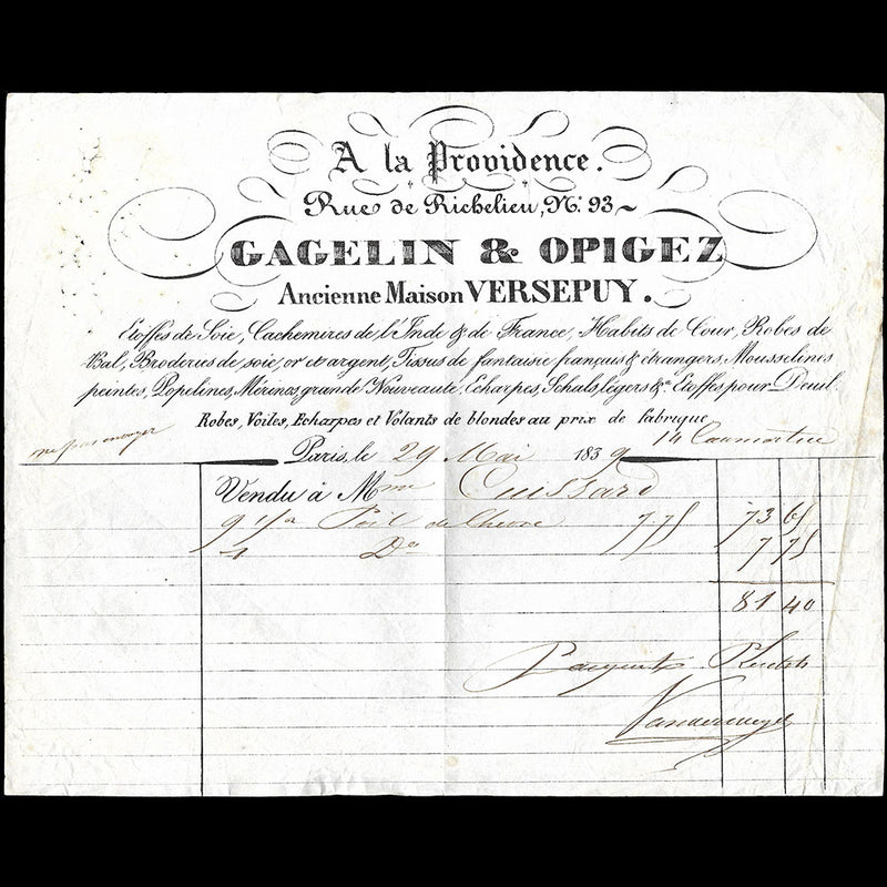 Gagelin & Opigez - Facture de la maison A la Providence, ancienne mais