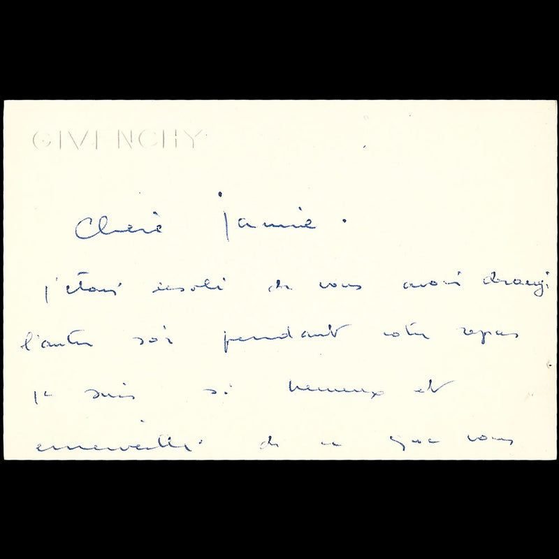 Givenchy - Carte autographe signée adressée à Janine Janet (circa 1950