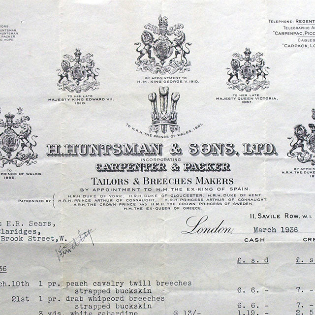 H. Huntsman & Sons - Facture du tailleur, 11 Savile Row à Londres (193 ...