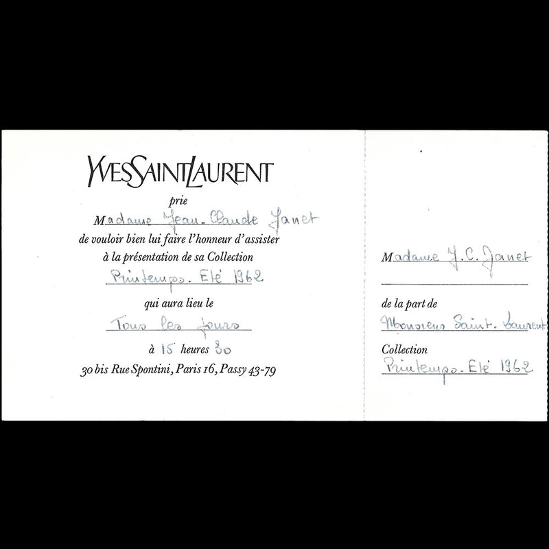Yves Saint-Laurent - Invitation à la présentation de la première colle